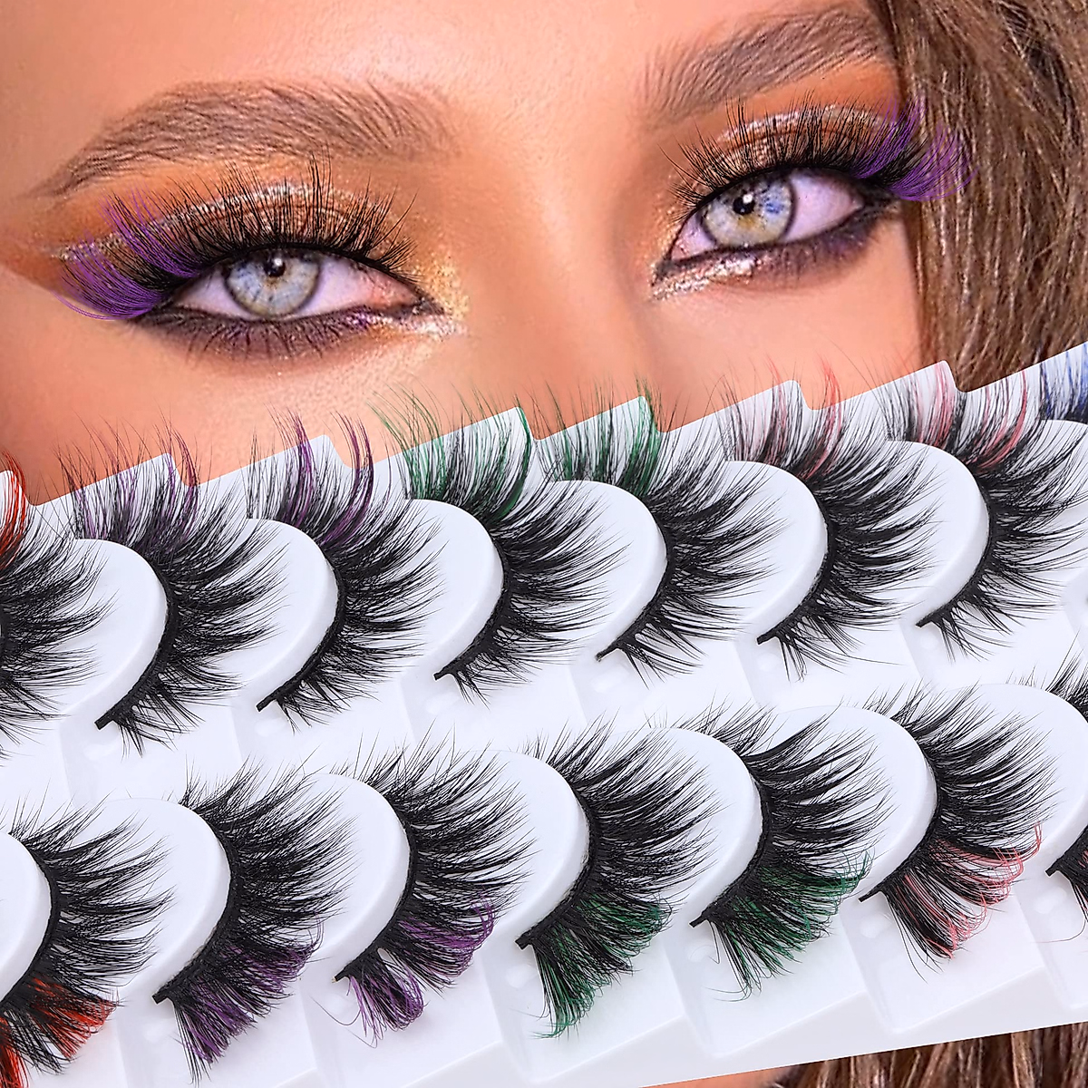 Colored Lashes Wispy Cat-Eye Fox-Eye Festival Lashes Colorful False Eyelashes with Color on end Cosplay Decorative Red green Fluffy Lash Extensions Glitter 3D 5 Colors Faux Mink Lashes by Boahankuke
