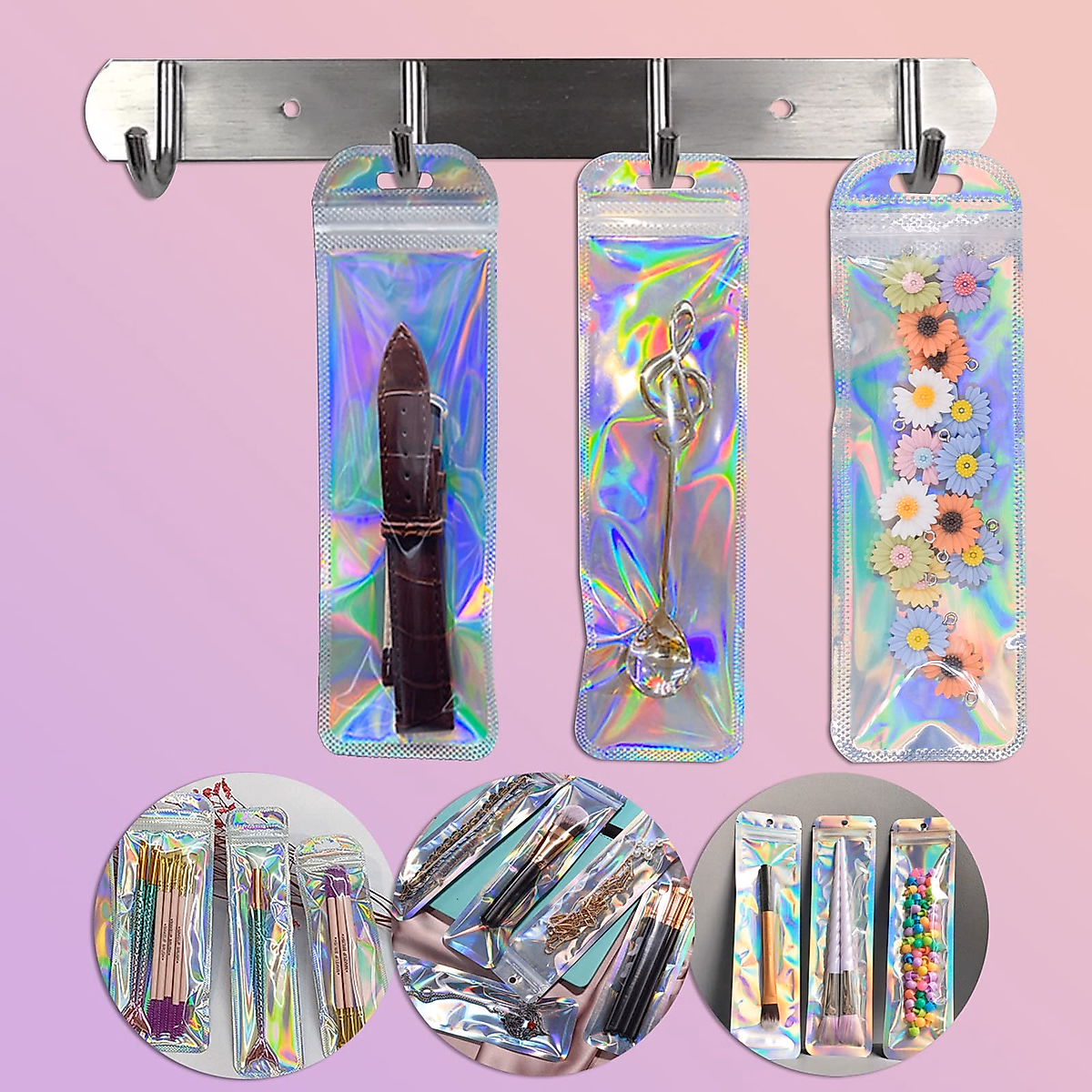 200 Pieces Rainbow Bags, Reusable Foil Pouch Makeup Brush Zip Lock Bag Double-Sided Zipper Lock Bag Mylar Bags for Household Food Storage Jewelry Bracelet Earrings Eyelash Packaging (2.4in*7.3in)