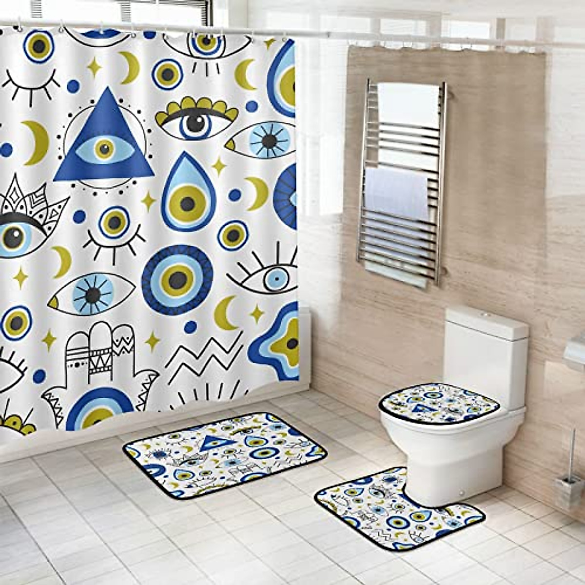 4PCS Abstract Eyes Pattern Shower Curtain Set with Non-Slip Rugs, Toilet Lid Cover and Bath U-Shaped Mat, Bathroom Decor Set Accessories Waterproof Shower Curtain Sets with 12 Hooks