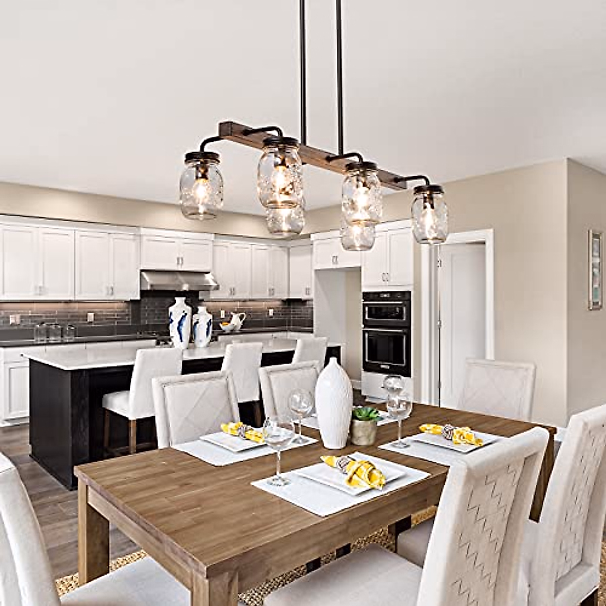 Mason Jar Chandelier, 6-Light Kitchen Island Lighting, 27.5" Farmhouse Chandelier for Dining Room with Glass Shades