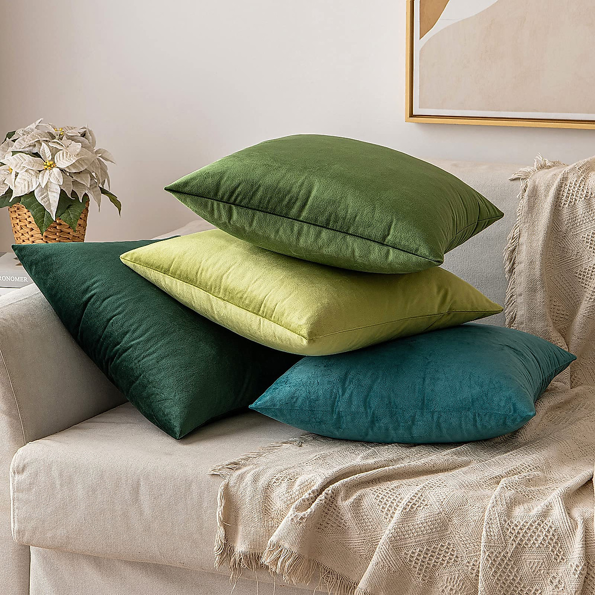MIULEE Velvet Soft Solid Decorative Square Throw Pillow Covers Set Cushion Case for Spring Sofa Bedroom Couch 12 x 20 Inch Moss Green
