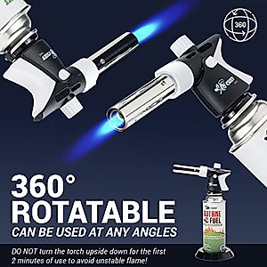 Jo Chef Pro Butane Torch Lighter - Refillable Butane Torch Head, Small Butane Torch with Safety Lock & Adjustable Flame - Culinary Blow Torch, Creme Brulee Torch, Baking, Included 2 Butane Canisters