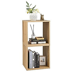 Giantex 2 Cube Bookshelf Organizer, 2-Tier 15'' Tall Open Shelving with Anti-toppling Device, Cube Storage Organizer, Record Player Stand, Wood Bookshelf for Living Room, Bedroom, Kids Room