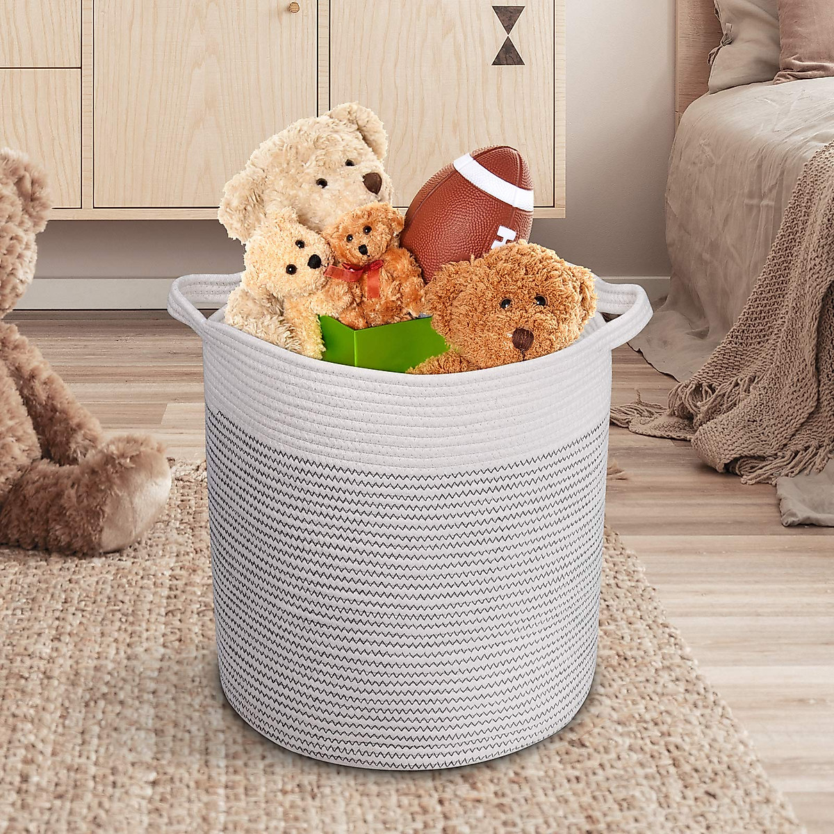 Syeeiex Rope Basket, 14''x 14''x 16'' Blanket Basket Woven Baskets for Storage, Rope Baskets for Storage, Basket for Baby Toys, Clothes, Towels, Pillows(White & Desert)