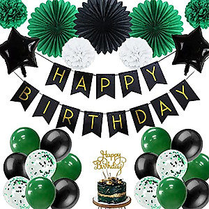 Green Black Birthday Decorations for Men with Happy Birthday Banner Hanging Paper Fans Pom Poms Confetti Latex Balloons Boys Gaming Party Supplies