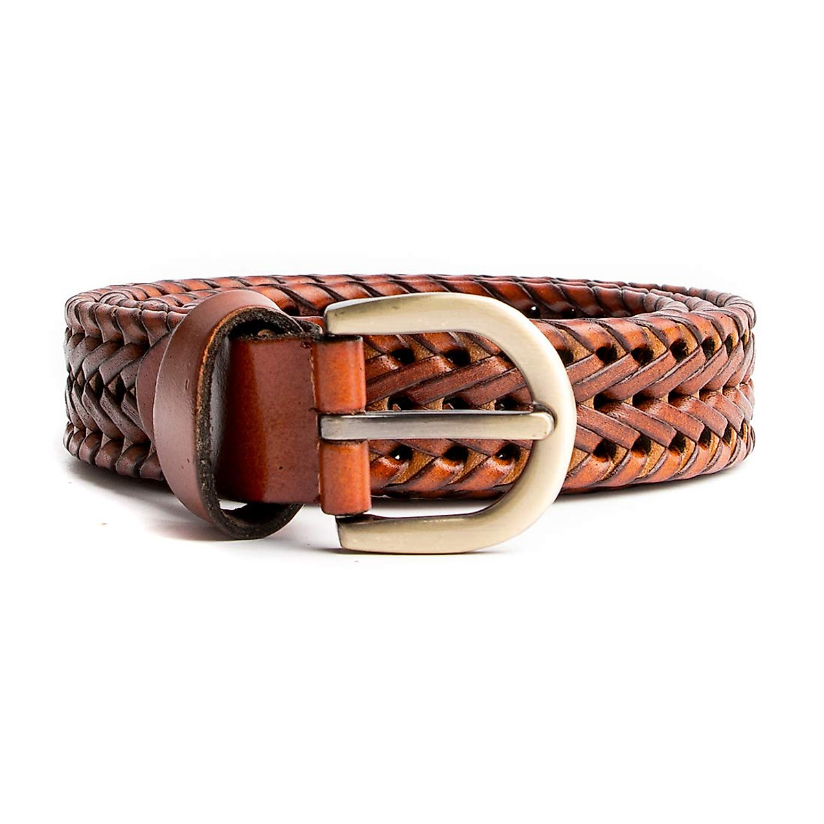 ECHAIN Women Braided Woven Genuine Leather Narrow Belt 25mm Wide (Brown, waist:35-40)