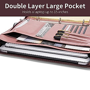 Geslun Vegan Leather 3 Ring Binder Portfolio, 8.5 x 14 Legal Size Pad Holder, Hidden Handle, Zippered Padfolio with 15” Laptop Organizer, Professional Business Folio for Women, Pink