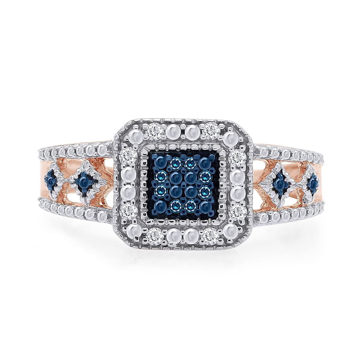 AFFY 1/10 Carat Round Cut Enhanced Blue And White Natural Diamond Square Frame Wedding Band In 14k Rose Gold Over 925 Sterling Silver (Clarity : I2-I3, Color : I-J, 0.10 Cttw) Size -4