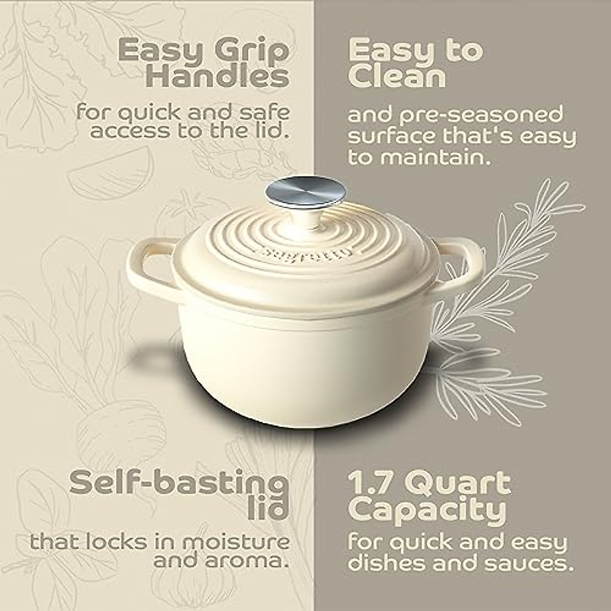 Segretto Cookware Enameled Cast Iron Dutch Oven Pot with Lid Bianco Perla (Pearl White) 1.7 Quarts Dutch Oven Cast Iron with Handle 1.7 qt Enamel Camping Small Dutch Oven for Bread Baking, Cooking