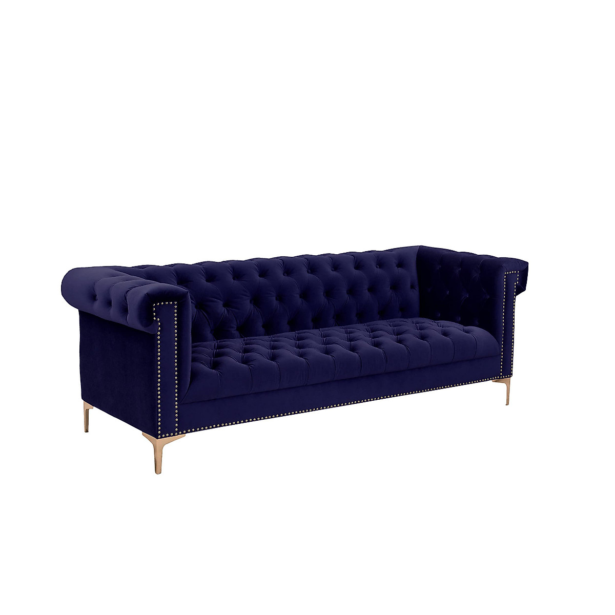 Iconic Home Gold/Navy Bea Velvet with Nail head Trim Tone Metal Sofa