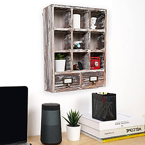 MyGift Wood Shadow Box Shelf, Rustic Brown Wooden Table Top Display Organizer with 2 Pull Out Drawers for Home, Office Decor