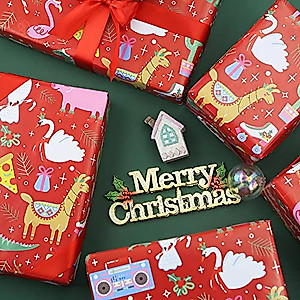Birthday Gift Wrapping Paper Christmas for Kids Girls Boys 4 Sheets,28 x 20 Inch Per Sheet, Animal Xmas Pattern Folded Flat Red Gift Wrap for 1st Birthday Party Baby Shower Holiday Kindergarten and More