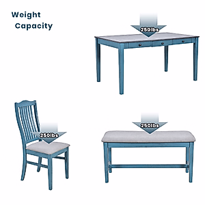 Merax Mid-Century 6-Piece Wood Dining Table Set with Drawer, 4 Upholstered Chairs and Bench, Antique Blue