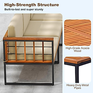 Tangkula 5 Piece Patio Furniture Set, Acacia Wood Sectional Set with Heavy-Duty Metal Frame, Comfy Seat & Back Cushions, Outdoor Wood Conversation Chair Set for Poolside, Porch, Backyard (Beige)