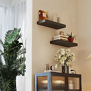 BONTEC 16 Inch Floating Shelves for Wall, Wood Bathroom Wall Shelves Set of 2, Wall Mounted Farmhouse Decor for Bathroom, Bedroom, Living Room, Kitchen and Office, Holds 22lbs, Black