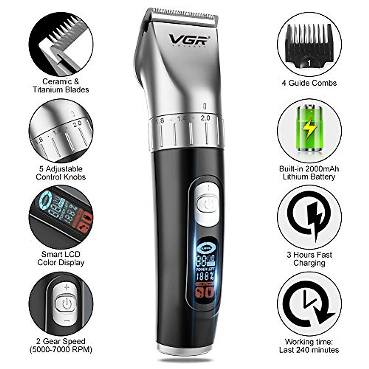 VGR Hair Clippers, Professional Hair Cutting Kit for Men, USB Cord/Cordless Rechargeable Hair Trimmer Set with LED Display, Model V-069