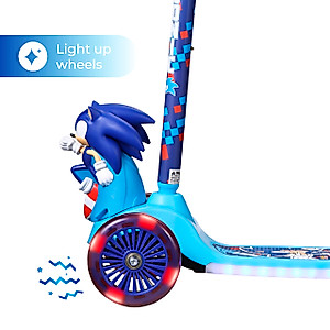 Sonic The Hedgehog 3D Kick Scooter for Kids, Self-Balancing 3 Wheeled Light Up Scooter with Extra Wide Anti-Slip Deck, Rear Brake, Lean to Steer, Lightweight Design, for Kids 3 and up, 75 LB Limit