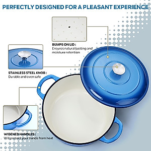 Herogo 6 Quart Enameled Cast Iron Dutch Oven with Lid and Silicone Trivet Mat, Round Dutch Oven Pot Blue with Dual Handles for Bread Baking Stewing Roasting Various Stoves & Oven Safe