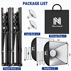 Softbox Lighting Kit, NiceVeedi 2-Pack 16'' x 16'' Softbox Photography Lighting Kit with 63” Tripod Stand & 5400K 450W Equivalent LED Bulb, Continuous Lighting for Photography/Video Record/Live Stream