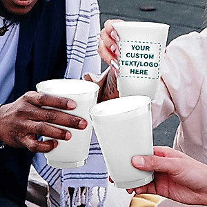 Custom Frosted Plastic Stadium Cups, 10 pack, Promotional Text, Logo, 16 oz. Shatterproof Flexible Reusable Party Cups, Pearl White