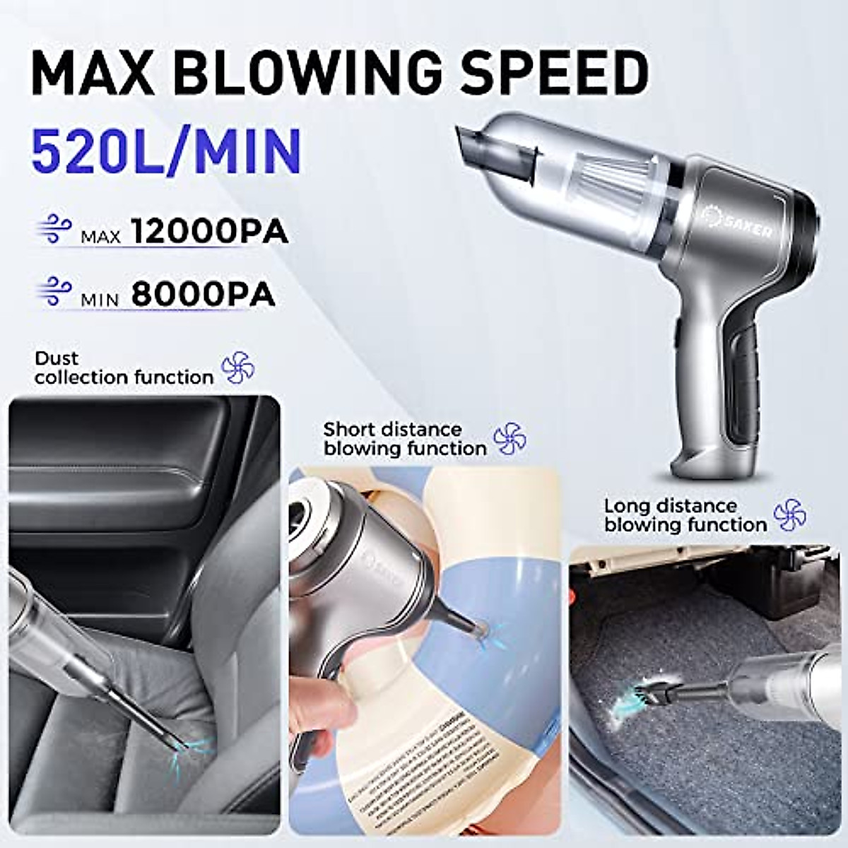 Saker Handheld Vacuum Cleaner Car - Wireless Mini, 3 in 1 Multifunctional Brushless Motor 12000PA High Power with USB,Portable Handheld Car Vacuum Cleaner for Keyboard Cleaning,Outdoor and Pet Hair