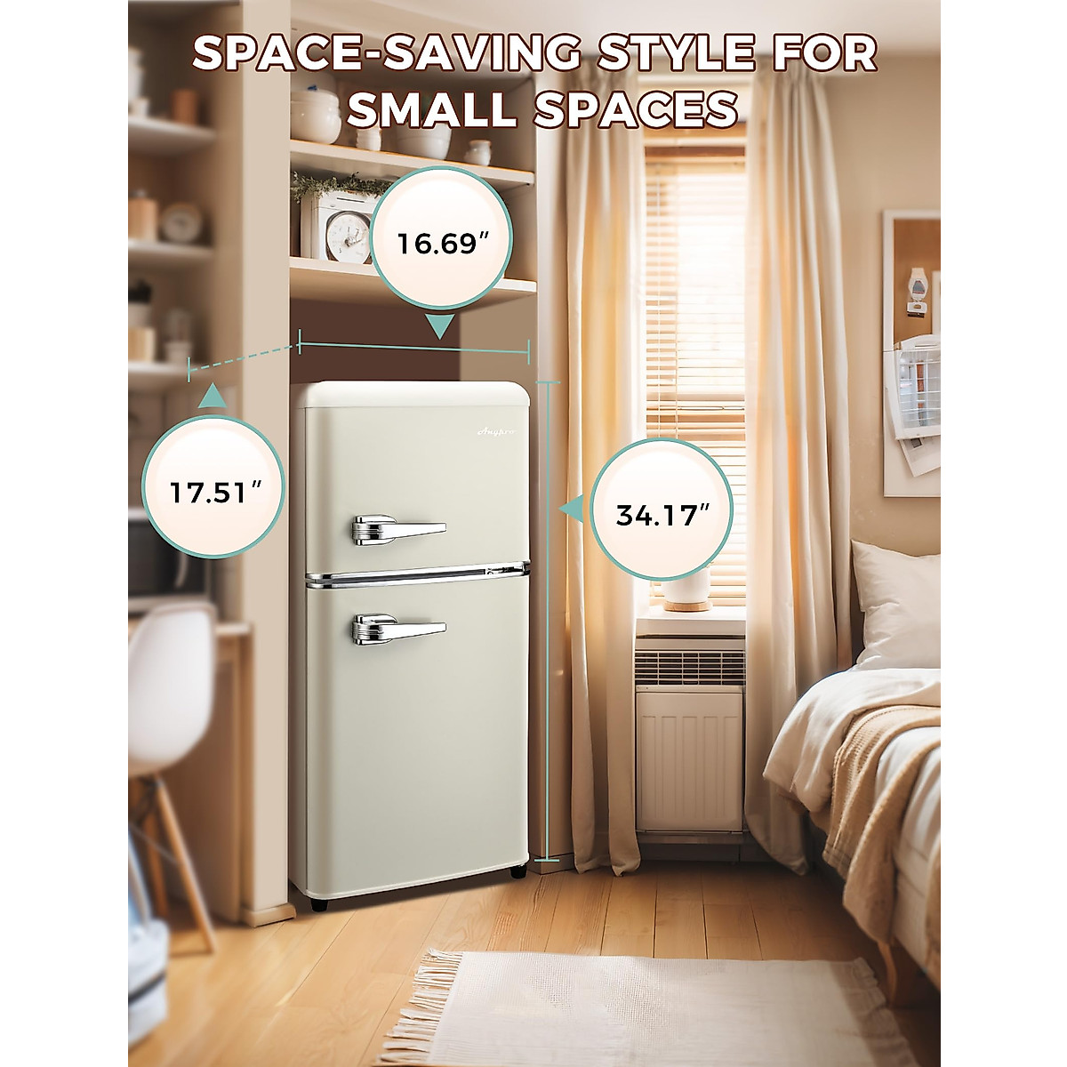 Anypro 3.2 Cu.Ft Fridge with Freezer, 2 Door Retro Refrigerator with 7 Level Thermostat, Adjustable Removable Glass Shelves for Bedroom Office Apartment Dorm Bar, White