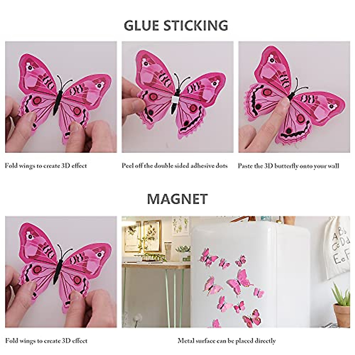 72 PCS Butterfly Wall Stickers, 3D Magnetic Removable Butterfly Wall Decals Fridge Magnet Murals Decoration for Kids Bedroom Nursery Classroom Party Wedding Decor (Pink)