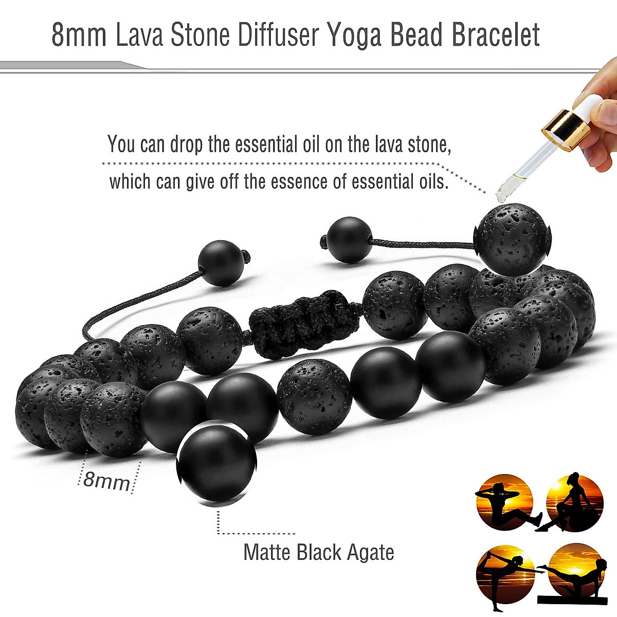 Hamoery Men Women 8mm Lava Rock Aromatherapy Anxiety Essential Oil Diffuser Bracelet Adjustable Natural Stone Yoga meditation relaxation Beads Bracelet Bangle(Matte Black Agate)
