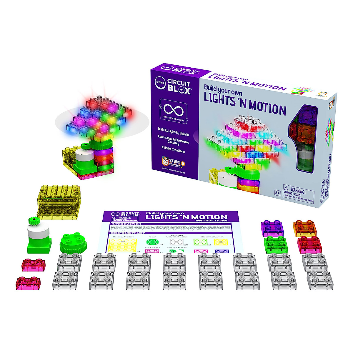 E-Blox Building Blocks STEM Circuit Kit, Build Your Own Lights ‘N Motion, Light & Rotating Capabilities, Infinite Science Creations, Birthday Gift, Boys, Girls, 5+