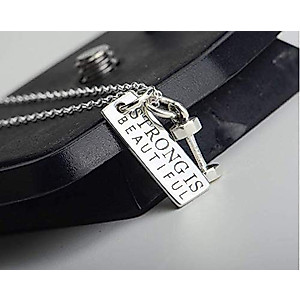 Sterling Silver Necklace "Strong Is Beautiful" Engraved Dumbbell Barbell Gym Buff Pendant Necklace 18"