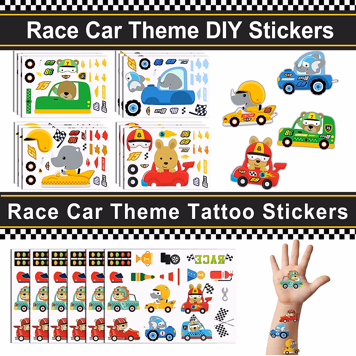 Erweicet Race Car Party Favors 84 PCS Mini Race Cars Keychains Slap Bracelet Stickers Straws Goody Treat Candy Bags for Kids Birthday Party Classroom Reward