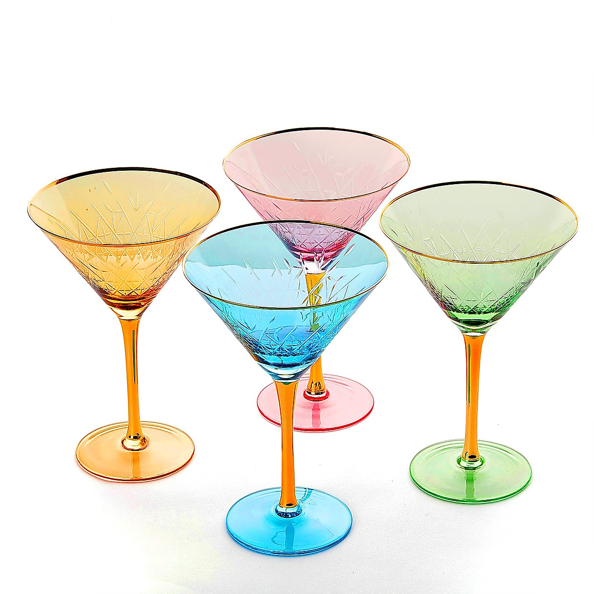 Crystal Martini Glasses Colored - Set of 4 - Stemmed Multi-Color Glass, Great for all Drink Types and Occasions - Luxury, Durable, Hand-Blown Vintage Art Deco Coupe for Champagne, Martini, Cocktails