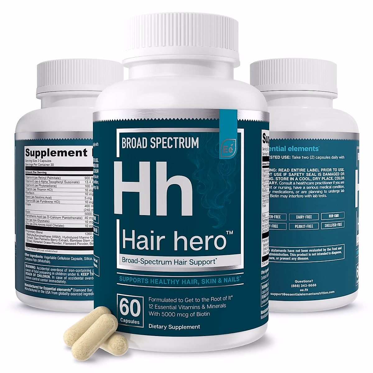 Essential Elements Hair Hero - Hair Supplement for Women and Men - Powerful Hair Vitamin Formula for Hair Growth & Thickness - Healthy Hair, Skin, and Nails Product - 5000 mcg Biotin