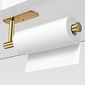 VAEHOLD Self Adhesive Paper Towel Holder Under Cabinet Mount, Wall Mounted Paper Towel Roll Holder for Kitchen, Bathroom, Wall - SUS304 Stainless Steel (Gold)