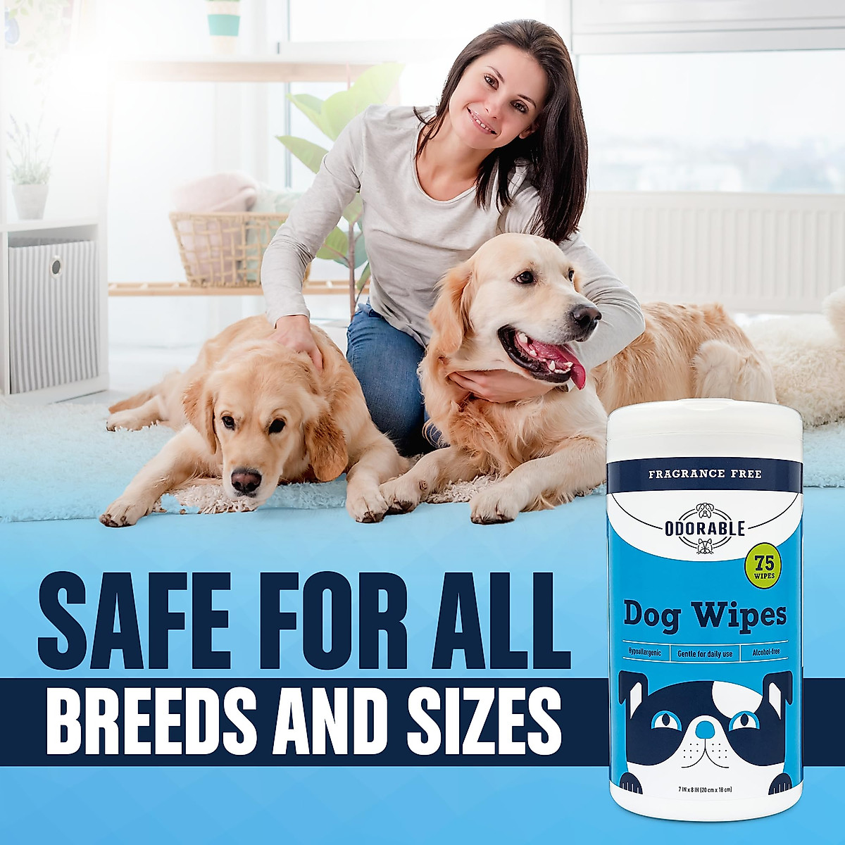 Odorable Dog Grooming Wipes - 75 Fragrance-Free Cleaning Wipes for Dogs & Puppies - Advanced Odor Neutralization for Paws, Body & Butt - Safe & Gentle for Pets, Alcohol-Free Pet Care