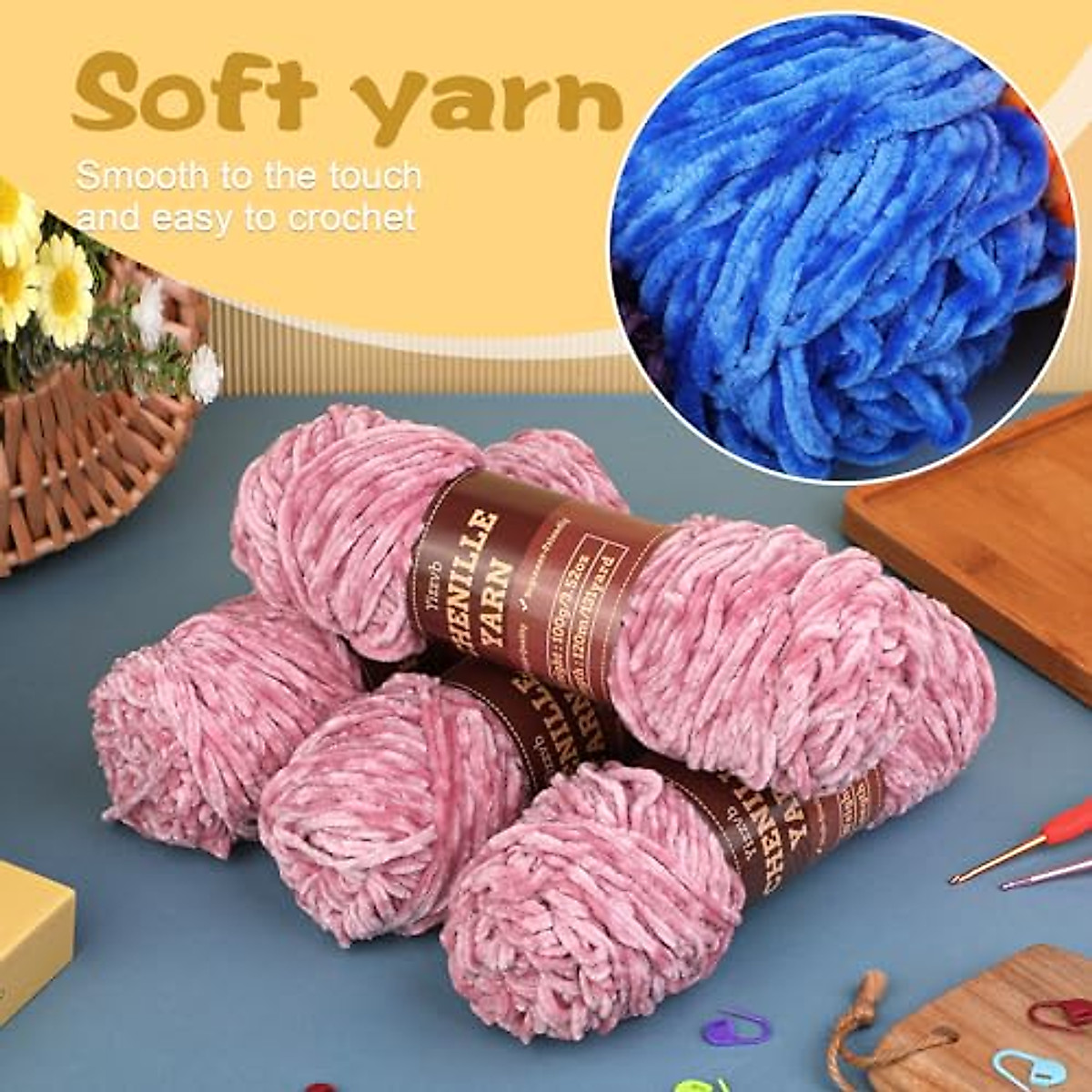 Yizzvb 4 * 3.35oz/100g Chenille Yarn, Velvet Yarn, Chenille Yarn for Crocheting, Blanket Yarn with Big Eye Needles, Stitch Markers, Soft Chenille Yarn for Crocheting Weaving Craft Blankets (Pink)
