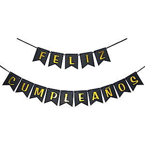 INNORU Feliz Cumpleaños Banner - Happy Birthday Banner Black and Gold Birthday Party Decoration Supplies