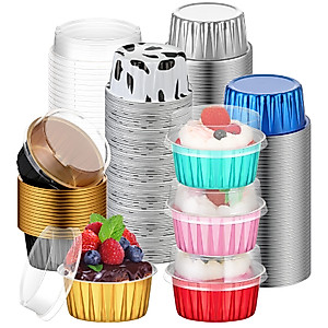 120 Pcs Aluminum Foil Baking Cups Mini Cake Pans with Lids 5 oz Cupcake Liners Disposable Muffin Tins Cupcake Wrappers Baking Foil Ramekins Pans Aluminum Cupcake Cups for Birthday Party (Multicolor)