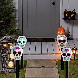 LSM Halloween Sugar Skull Solar Stake Light, Decorative Spooky LED Garden Lights Outdoor Solar Powered Waterproof for Patio Lawn Yard Pathway Christmas Fall Autumn Party Decor Set of 6 with Oggetto