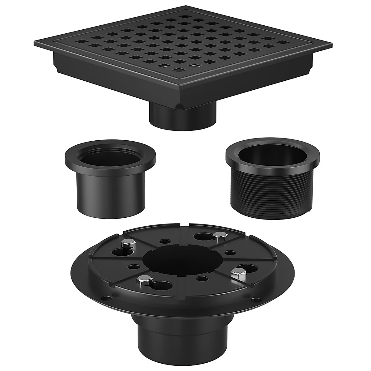 Bmvlffs Square Shower Floor Drain, Bmvlffs 6 Inch Matte Black, Brushed SUS 304 Stainless Steel with Removable Quadrato Patten Grate, Flange Includes Hair Strainer