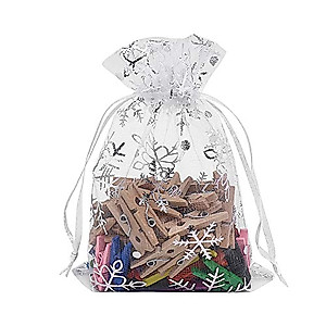 HRX Package 100pcs Snowflake Organza Gift Bags Christmas 3.5 x 4.7 inch, Small White Mesh Jewelry Pouches Little Drawstring Candy Bags