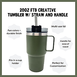 FTB Creative 20oz Insulated Tumbler Mug, Double Wall Stainless Steel, with Lid, Straw and Handle (Army Green)