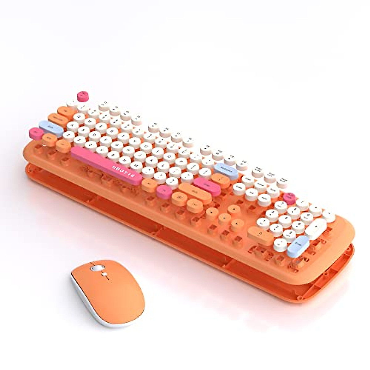 Colorful Wireless Computer Keyboards Mouse Combos, UBOTIE Polychrome Round Keycaps Retro PC Keyboards 2.4GHz Radio Frequency Connection with Optical Mouse(Orange-Colorful)