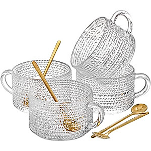 ZOOFOX Set of 4 Glass Coffee Mugs, 14 Oz Clear Glass Cups with Golden Spoons, Vintage Embossed Coffee Cups Set for Latte, Espresso, Cappuccino, Cereal, Yogurt, Tea and Hot Beverage