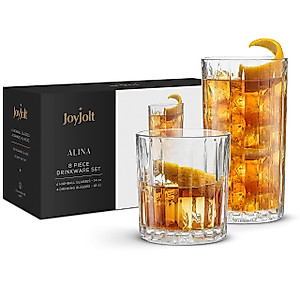 JoyJolt Drinking Glasses Set of 8, Alina Ribbed Glassware. 12oz Rocks Glasses and 14oz Highball Glasses. Cocktail Glasses, Iced Coffee Cup or Water Glasses. Heavy Base Glassware Set