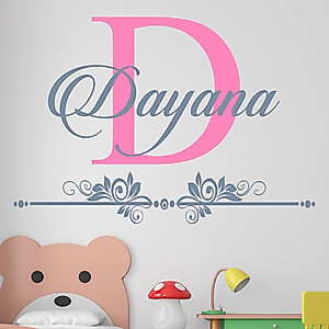 Custom Name and Initial Wall Decal Nursery - Baby Girl Decoration - Mural Wall Decal Sticker for Home Interior Decoration Car Laptop (M283) (Wide 30" x 17" Height)