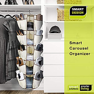 Smart Design 5-Tier Smart Carousel Organizer w/ 40 Pockets & Steel Metal Hook - 360 Degree Swivel - Heavy Duty Fabric - Clothing, Shoes, Misc. Item - Home Organization (13 x 51.8 Inch) [Beige]