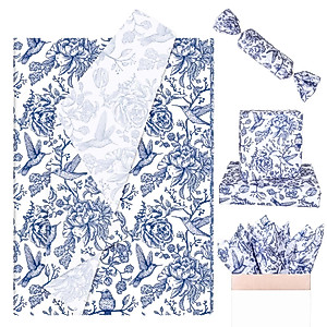 Whaline 100 Sheets Blue White Floral Tissue Paper Chinoiserie Flower Bird Gift Wrapping Paper DIY Art Craft Tissue Paper for Packaging Wedding Birthday Baby Shower, 13.7 x 19.6 Inch