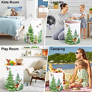 Clastyle 45L Large Green Pine Tree Deer Owl Kid Laundry Hamper with Handle Collapsible Forest Hedgehog Raccoon Clothes Toy Storage Basket with Lid for Nursery