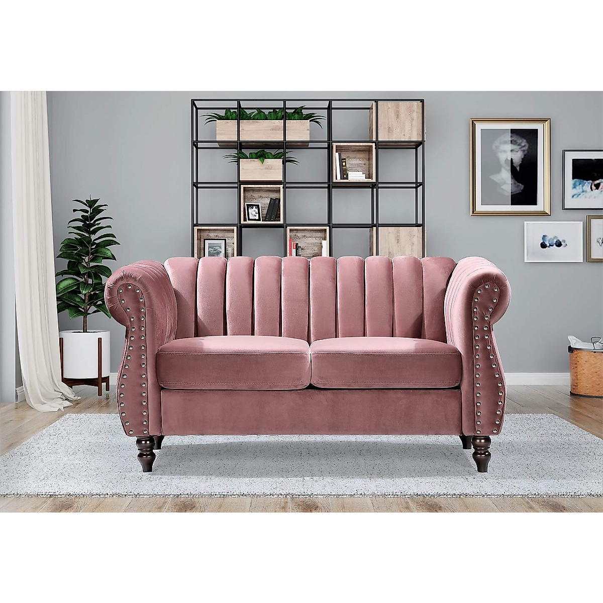 US Pride Furniture Chesterfield Rolled Arm Modern Style Fabric Rose Velvet Soft Living Room Loveseat with Removable Back Cushions & Solid Wood Support (S5644-5649) Sofas